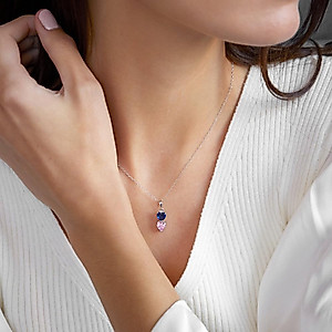 2 Stone Simulated Birthstone Heart Necklace (16"), 925 Sterling Silver Heart Drop Necklace for Women - Personalized Necklaces - Gifts for Mom