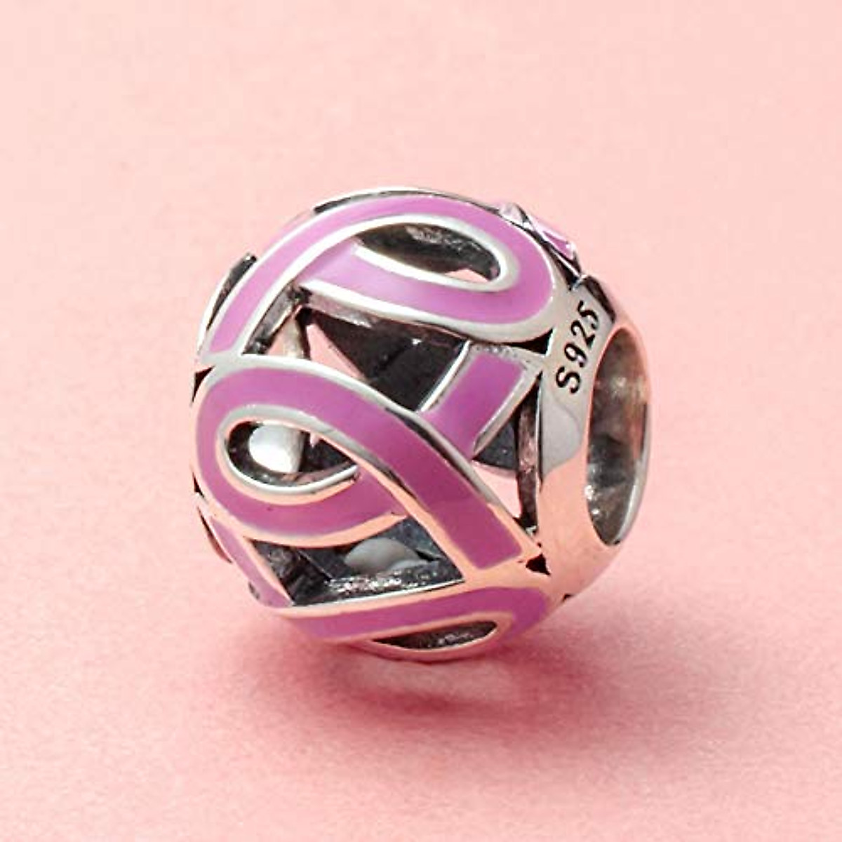 ARTCHARM Pink Ribbon Charm Breast Cancer Awareness Charm Beads Sterling Silver European-style Bead Charm