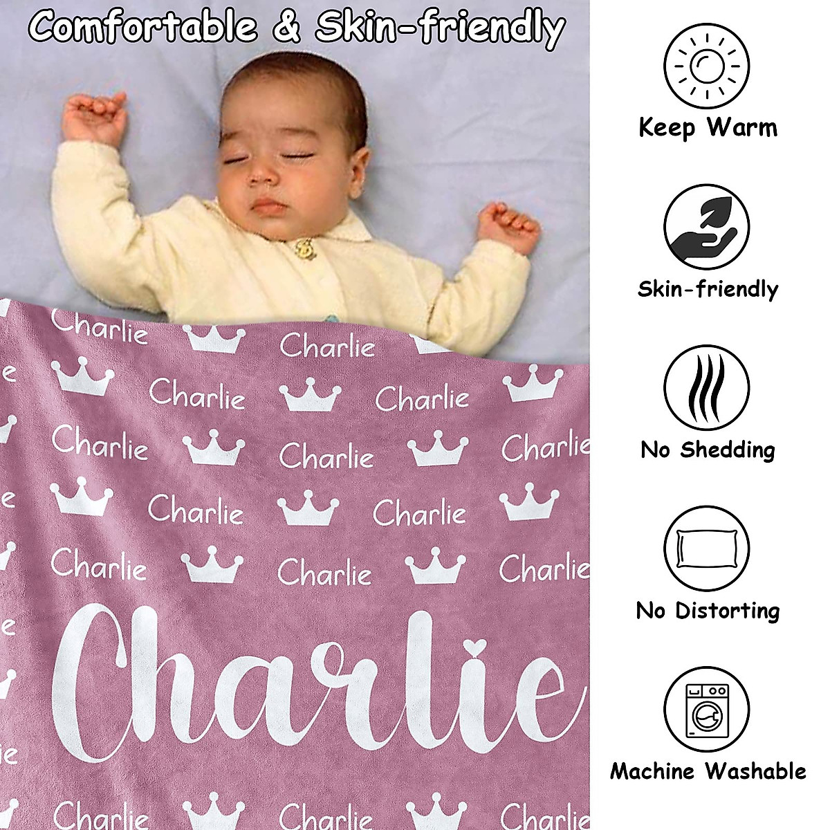 Personalized Baby Blankets with Name Custom Blankets for Girls Boys Soft Throw Name Blanket for Kids Newborn Toddler Personalized Unique Flannel Blanket Gifts, Crown, Pink, 32x48inch