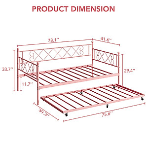 GarveeHome Twin Metal Daybed with Trundle, Premium Steel Slat Support, Space Saving Trundle Sofa Bed for Living Room, Bedroom and Guest Room, Pink