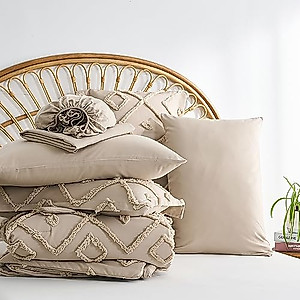 inron Khaki Queen Comforter Set Tufted Bed in a Bag Queen 7 Pieces,Geometry Shabby Chic Boho Comforter and Sheet Set.Jacquard Farmhouse Bedding for All Season(Khaki,90”*90”)