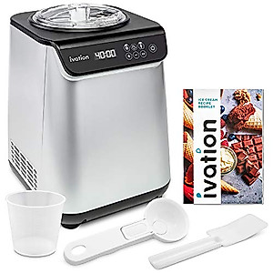 Ivation Automatic Ice Cream Maker Machine, No Pre-freezing Necessary with Built-in Compressor, Stainless Steel Gelato Maker, LCD Screen, Digital Timer, Removable Bowl, Clear Lid