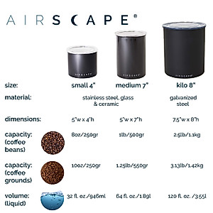 AirScape Steel Coffee Canister Family - Set of 3 - Food Storage Container - Patented Airtight Lid - Push Out Excess Air Preserve Food Freshness (Matte White, Small, Medium & Large Kilo)