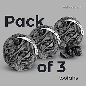 MainBasics Charcoal Infused Bath Shower Loofah Sponge Pouf Body Wash Scrubber (Set of 3)