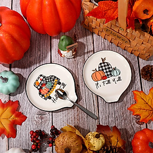 JarThenaAMCS 2Pcs Fall Spoon Rest Plaid Pumpkin Truck Ceramic Spoon Holder Farmhouse Sauce Dishes Ring Dish for Autumn Thanksgiving Kitchen Home Office Decor
