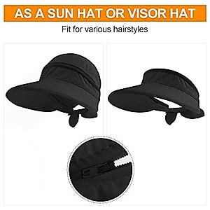 MEINICY Womens Sun Visor Hat Wide Brim, 2 in 1 Zip-Off Sun UV Protection Foldable Adjustable Visors Beach Hats for Women (2 Pack Black+White)