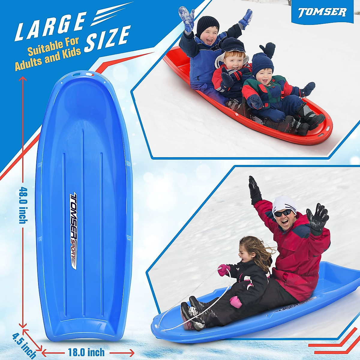 Snow Sled 2 Pack - 48“ Plus Size Toboggan 2 Person Sled for Kids and Adult Lightning Saucer Sleds for Winter Sledding Durable Plastic Snow Scooter Winter Outdoor Grass Dune Game