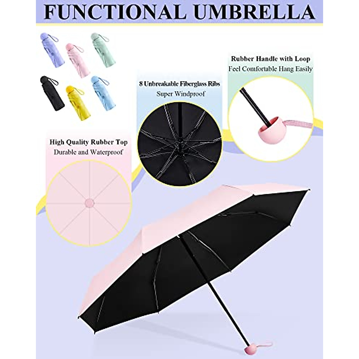 Fabbay 6 Pcs Mini Travel Umbrella for Purse Compact 8 Ribs Lightweight Tiny Folding Portable Umbrella Windproof Parasol with UV Protection Pocket Umbrella for Sun and Rain Protection Girls Women