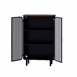 Voohek Modern 2 Fluted Tempered Glass Doors, Featuring Three-Tier, Unique Fir Top, for Living, Dining Room, Black+Brown Storage Cabinet