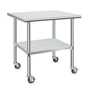 Hally Stainless Steel Table for Prep & Work 30 x 36 Inches with Caster Wheels, NSF Commercial Heavy Duty Table with Undershelf and Galvanized Legs for Restaurant, Home and Hotel