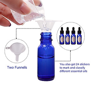 HWASHIN 24 Pack 1/2 oz Cobalt Blue Glass Bottles with Glass Eye Droppers for Essential Oils, Perfumes & Lab Chemicals (Brush, Funnels, 2 Extra Droppers, 36 Pcs Labels & Measuring Cup Included)