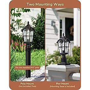 EDISHINE Dusk to Dawn Outdoor Post Light with Pier Mount Base, Black Roman Waterproof Pole Lantern Fixture, Water Ripple Glass Exterior Lamp Post Light for Driverway, Patio, Pathway