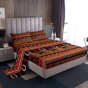 Feelyou Western Bedding Set Aztec Bed Sheet Set for Boys Girls Kids Cowboy Cowgirl Horse Fitted Sheet Southwestern Native American Sheet Sets Bohemian Bedroom Decor Bedding Sheet Twin Size 3Pcs