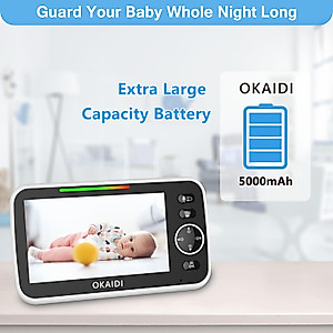 OKAIDI 5" HD Baby Monitor with Camera and Audio, 720P Display Baby Monitor, 5000mAh Battery, Remote Pan-Tilt, 3X Zoom, Night Vision, 2-Way Talk, Temperature,Lullabies,1000ft Range Baby Monitor No WiFi