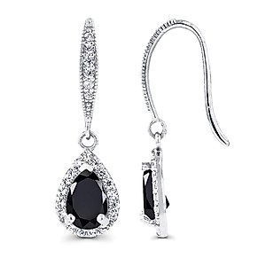 Solid 14K White Gold 6x4mm Pear Natural Black Onyx December Birthstone Fish Hook Dangling Earrings For Women & 1mm Created White Sapphire Halo Dangle Earrings For Women
