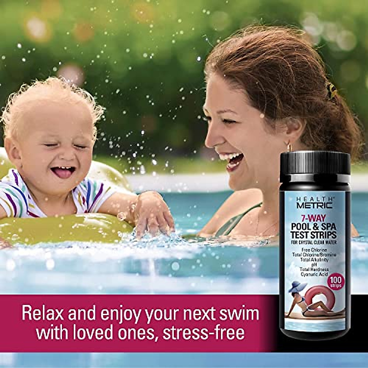 Health Metric 7-Way Pool and Spa Test Strips | 100 ct | Swimming Pool Testing Strip Kit for Chlorine Bromine Alkalinity pH Hardness & Cyanuric Acid | Chemical Tester Strips for Water Maintenance