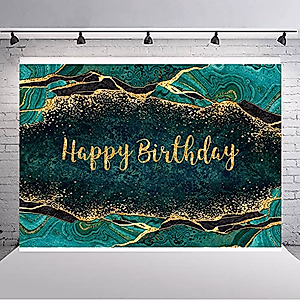 Ticuenicoa 7×5ft Emerald Green Backdrop Fluid Happy Birthday Photography Background for Men WomenMarble and Gold Glitter 30th 40th 50th 60th 70th Party Banner Decorations Photo Studio Props