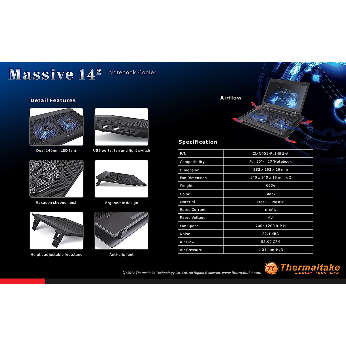 Thermaltake Massive 14 Steel Mesh Panel Dual 140mm Blue LED Fan Adjustable Speed Control 10"-17" Laptop Notebook Cooling Pad CL-N001-PL14BU-A,Black