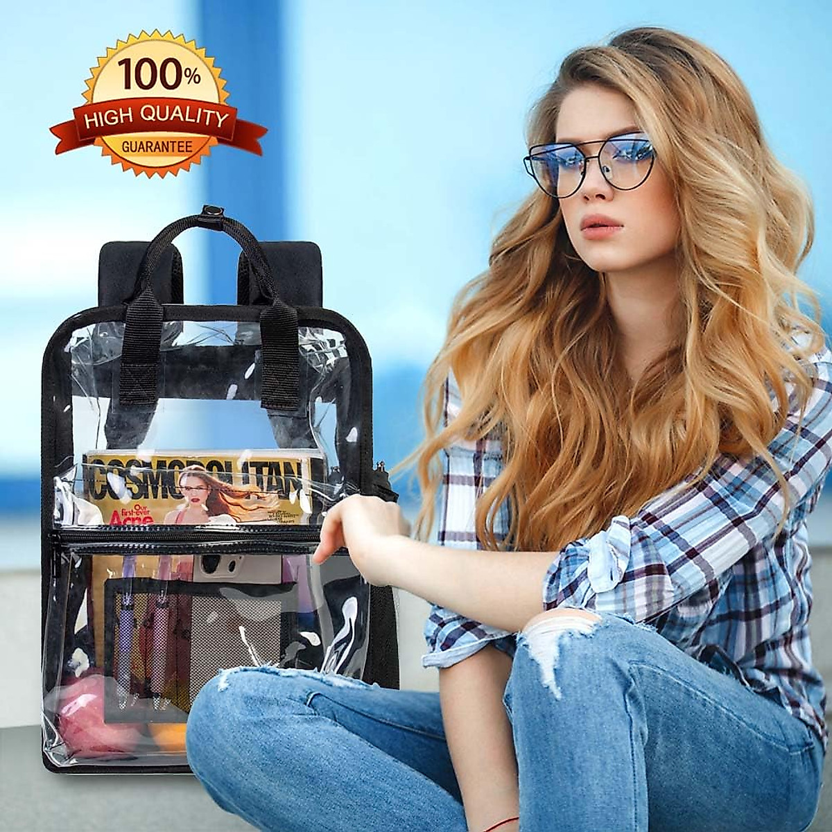 ZLYERT Clear Backpack, Heavy Duty Transparent Bookbag, Large See Through PVC Backpacks for Women and Men - Black