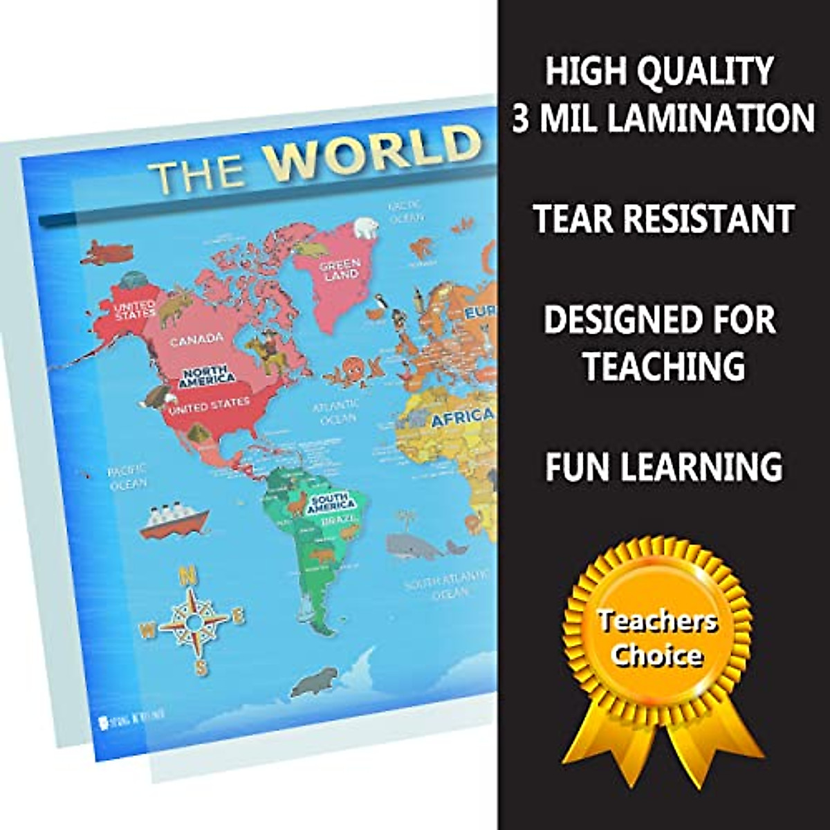 USA and World map poster 2 pack for kids Laminated large illustrated Light blue Young N Refined 15x20)