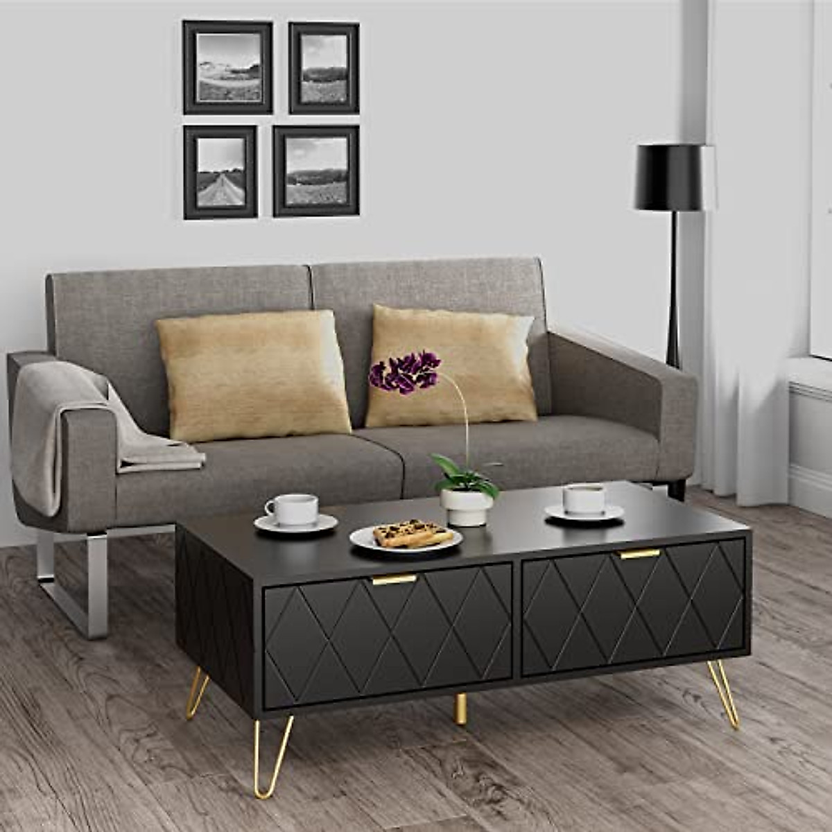 Scurrty 39.4'' Coffee Table with Large Drawers & 2 Open Storage Shelves, Black Modern Coffee Tables with Gold Metal Handles for Living Room, Bedroom and Study (Black)