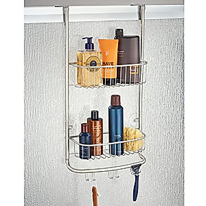 mDesign Stainless Steel Bath/Shower Over Door Caddy, Hanging Storage Organizer 2-Tier Rack with 6 Hooks and 2 Baskets - Holder for Soap, Shampoo, Loofah, Body Wash, Omni Collection, Satin