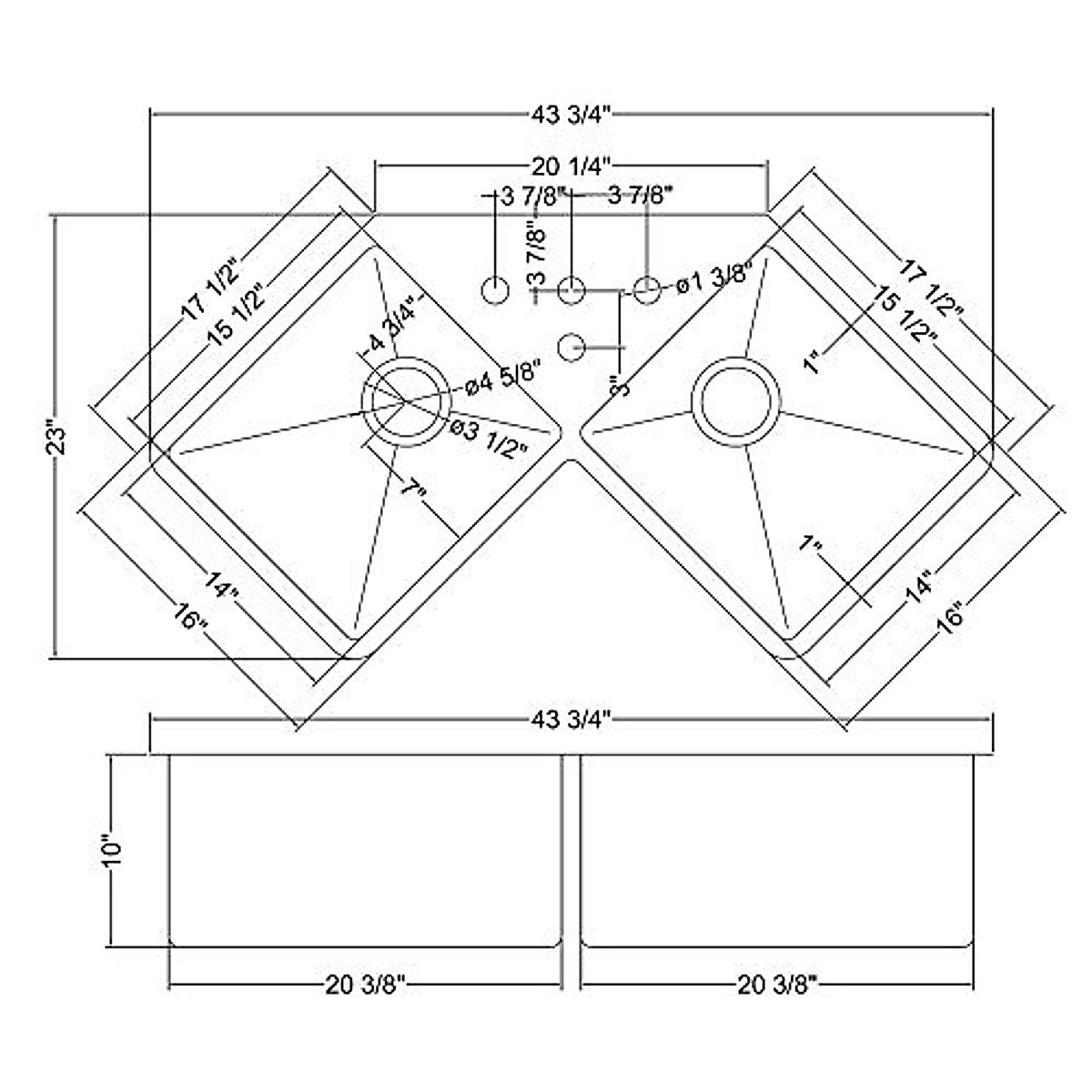 Ruvati RVH8400 Undermount Corner Kitchen Sink 16 Gauge 44" Double Bowl, Stainless Steel