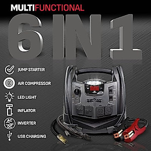 Schumacher Electric SJ1332 6-in-1 Portable Power Station and Jump Starter with 150-PSI Air Compressor and 200 Continuous/400 Peak Watt Power Inverter, 1200 Peak Amps, 12 Volts, Black, 1 unit