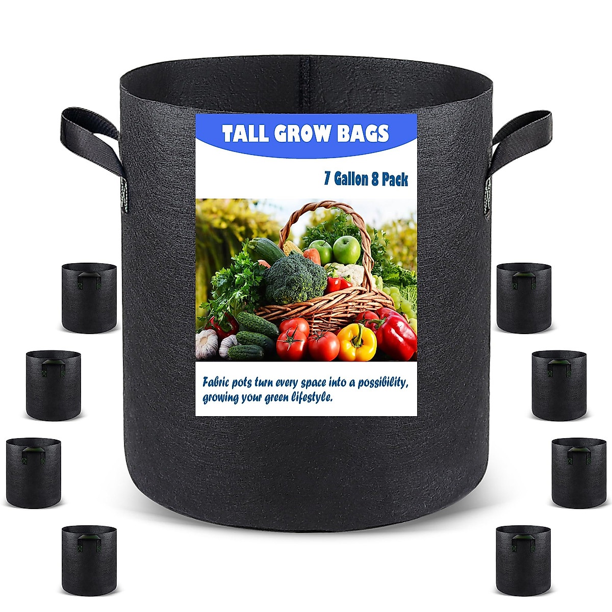 Growpropel 7 US Gallon 8 Pack Tall Grow Bags for Vegetables, Heavy Duty Nonwoven Aeration Fabric Deep Grow Pots with Handles