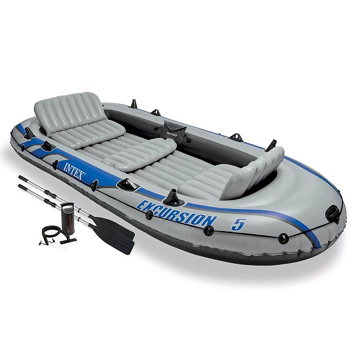 Intex Excursion 5 Person Inflatable Boat Set with 2 Aluminum Oars and Pump, Intex 12V Transom Mount Boat Trolling Motor, and Intex Motor Mount Kit
