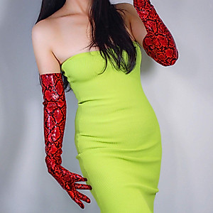 DooWay Latex Long Women Fashion Gloves Shiny Red Leather PU Wet Look 22-inch Elbow Opera Animal Print Python Snake
