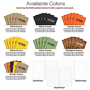 Field Notebook/Pocket Journal - 3.5"x5.5" - Combination of Kraft, Black, Orange, Yellow - Lined Memo Book - Pack of 5