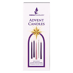 Mega Candles 5 pcs Unscented Christmas Advent Candles Set, Hand Poured Premium Wax Taper Candle 10 Inch x 7/8 Inch, Holidays, Celebrations, Devotional, Church, Wreath, Party, Gifts