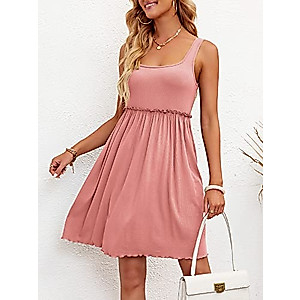 SENSERISE Womens Sleeveless Summer Dress Square Neck Ribbed Knit Sundress Ruffle Flowy Beach Short Mini Tank Dresses(Watermelon Pink,XL)