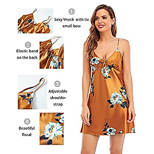 Escalier Women's Silk Satin Pajamas Sets 2Pcs Floral Silky Pj Robe Set with Chemise Nightgown Orange Floral S