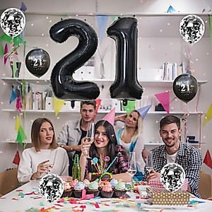 21st Birthday Balloons Black, 21st Birthday Decorations for Him with Large Number 21 Foil Balloon Birthday Confetti Balloons Metallic Black Latex Balloons for Her Girls Boys 21 Years Old Bday Decor