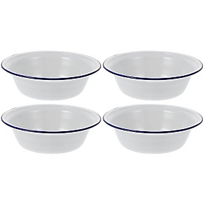 Healvian Enamel Basin 4 Pcs Enamel Bowl White Enamelware With Blue Rim Salad Serving Bowl Food Dinner Plates Vintage Flower Face Washing Basin for Camping Enamel Soup Basin