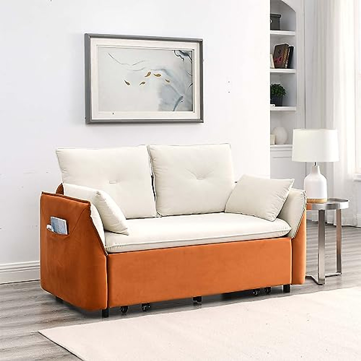 JEEOHEY Pull Out Sleeper Sofa Bed,Convertible Loveseats Sofa Chair,Revesible Velvet Fabric Couch Bed with Cushions&Throw Pillows for Living Room/Apartment/Office/Small Place (Orange)