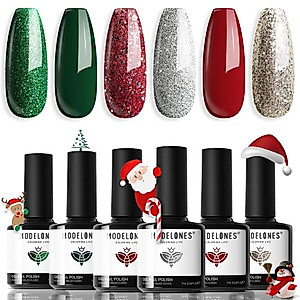 modelones Christmas Nail Polish Set 6 Colors, Winter Sparkle Dark Green Red Glitter Silver Champagne Rose Gold Shades Nail Polish Kit Fall Manicure DIY Nail Art Salon Home Gift For Women