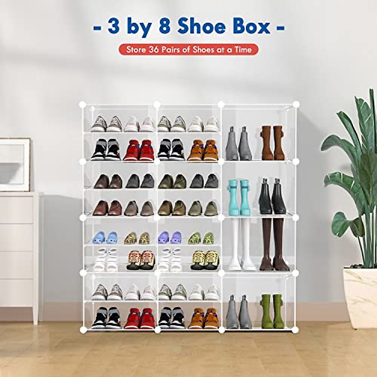 KUSARKO Shoe Rack Organizer, 8 Tier Shoes Storage Cabinet, 24 Pair Clear Plastic Shoe Expandable Organizer for Hallway Bedroom Entryway Heels Boots Sneaker, Stackable Shoe Box