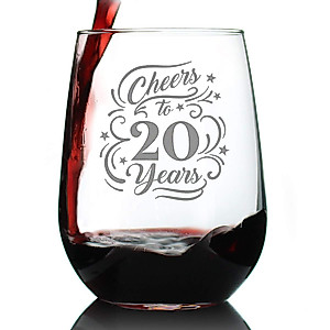 Cheers to 20 Years - Stemless Wine Glass Gifts for Women & Men - 20th Anniversary or Birthday Party Decor - Large 17 Ounce Glasses