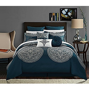 Chic Home CS2687-AN Chic Home 9 Piece Orchard Place Faux Silk Luxury Large Medalion Jacquard with Embroidery Details and Trims Queen Comforter Set Blue