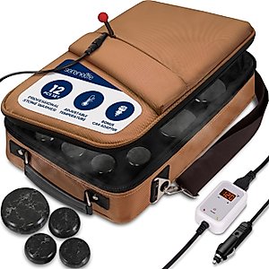 SereneLife Portable Massage Stone Warmer Set - Electric Spa Hot Stones Massager and Heater Kit with 6 Large and 6 Small Round Shaped Basalt Massaging Rocks, Digital Controller Heating Bag