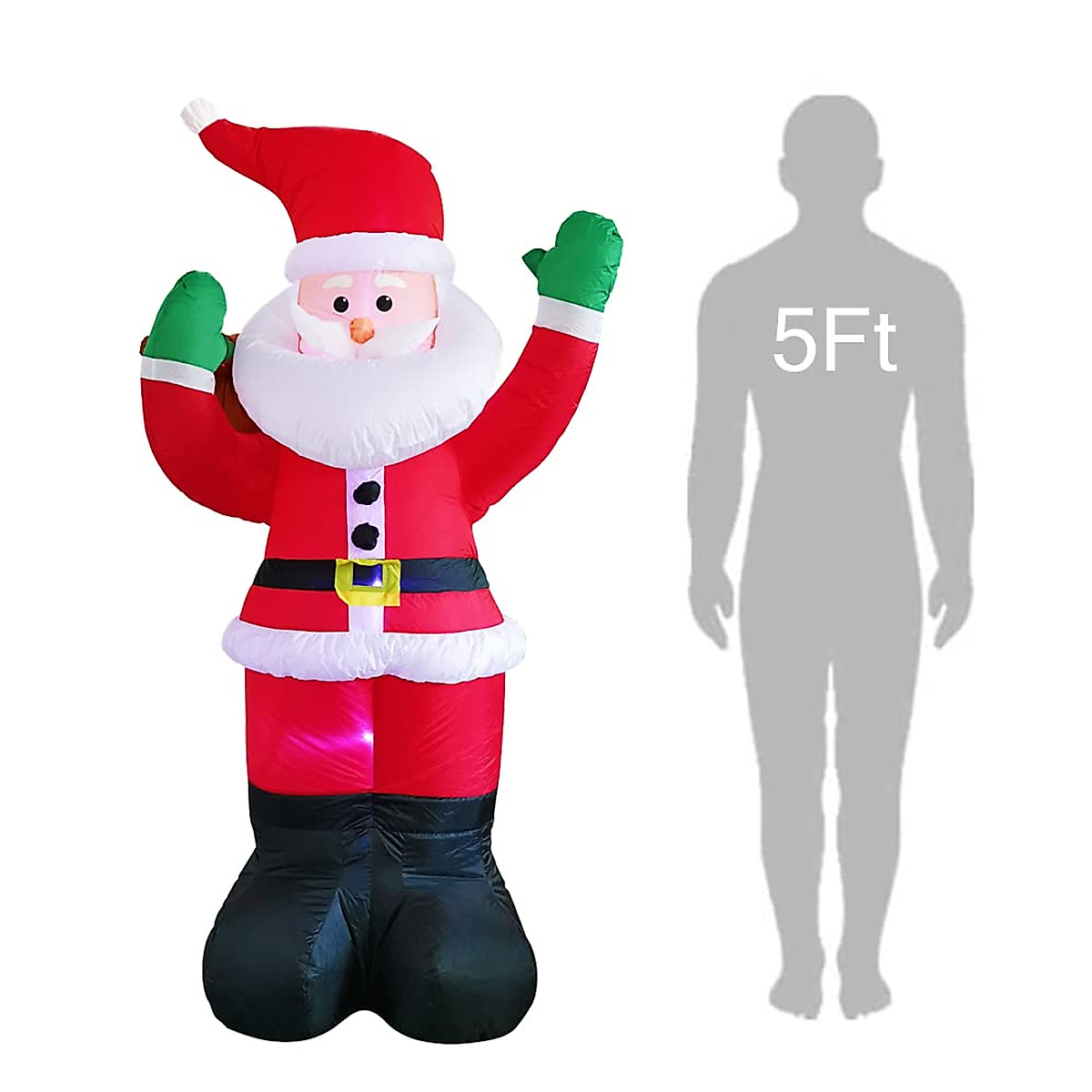 5ft Christmas Inflatable Santa Claus with Gift Bag, Indoor Outdoor Christmas Decoration with Lights, Yard Lawn Garden Xmas Party Prop Decor, Cute Fun Xmas Holiday Decor with Tethers, Stakes, Sandbags