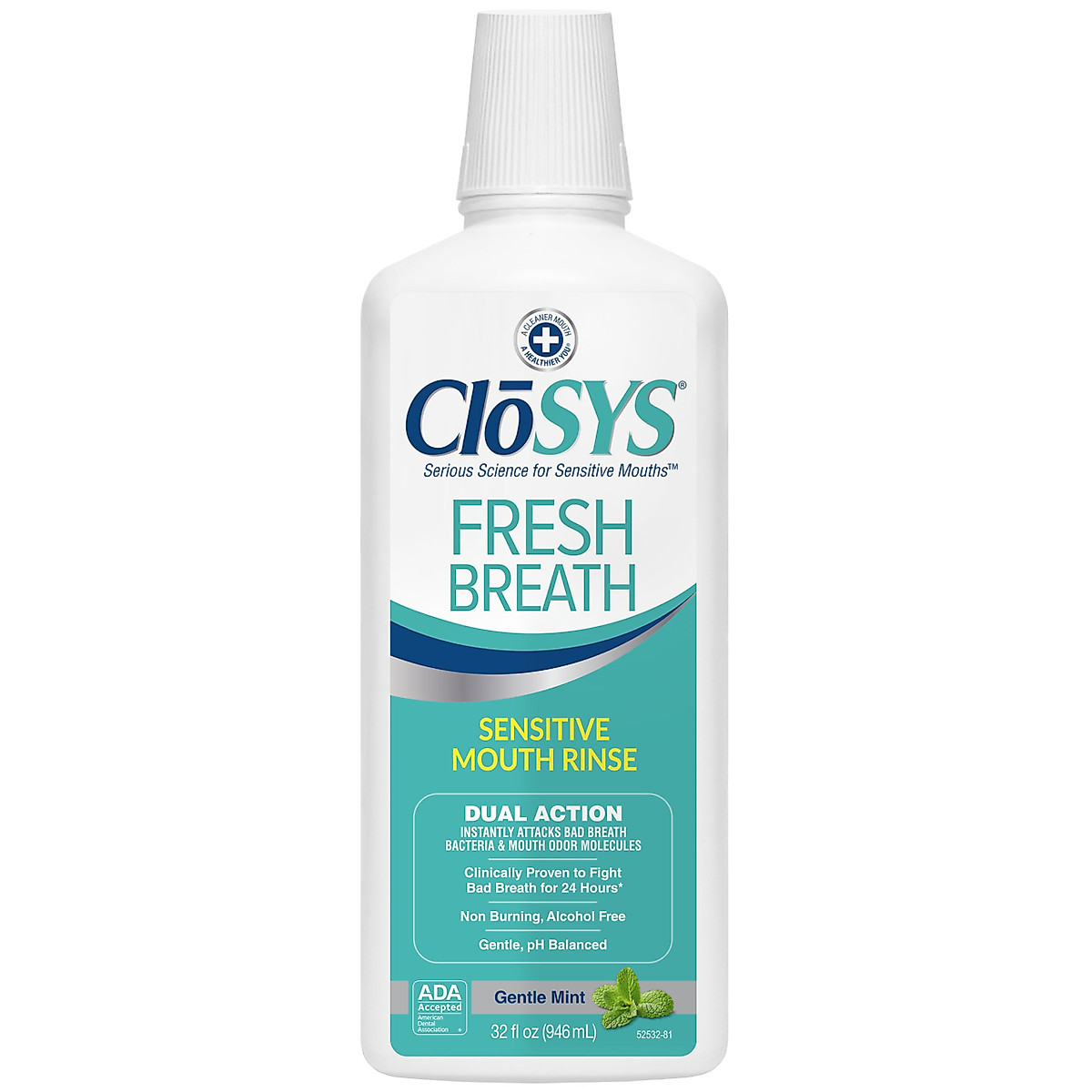 CloSYS Sensitive Mouthwash, 32 Ounce, Gentle Mint, Alcohol Free, Dye Free, pH Balanced, Helps Soothe Mouth Sensitivity, Fights Bad Breath