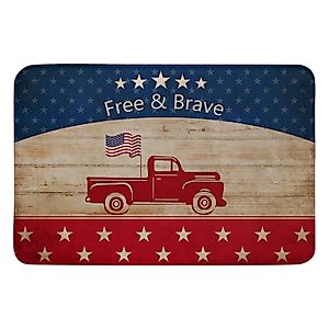 July 4th Bath Rugs Vintage Red Truck Independence Day Holiday Sponge Doormat Absorbent Non Slip Backing Flannel Mat American Flag Stars Wood Grain Memory Foam Mats for Bathroom Kitchen,16"x24"