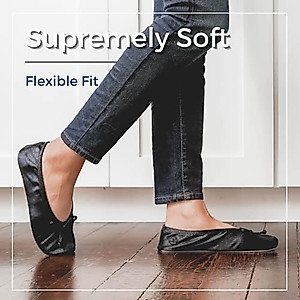 Isotoner Ballerina Slippers for Women – Soft Satin House Shoes with Bow and Suede Sole – Classic Comfy Travel and Bedroom Slippers – Cute Bridal Party Slippers, Black Soft Tie Bow, 6.5-7.5