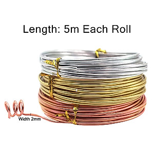 Cinvo 3 Rolls Craft Wire Jewelry Beading Wire Flexible Aluminum Wire Tarnish Resistant for DIY Jewelry Craft Making (12 Gauge/2mm Thick, Silver, Gold and Rose Gold)
