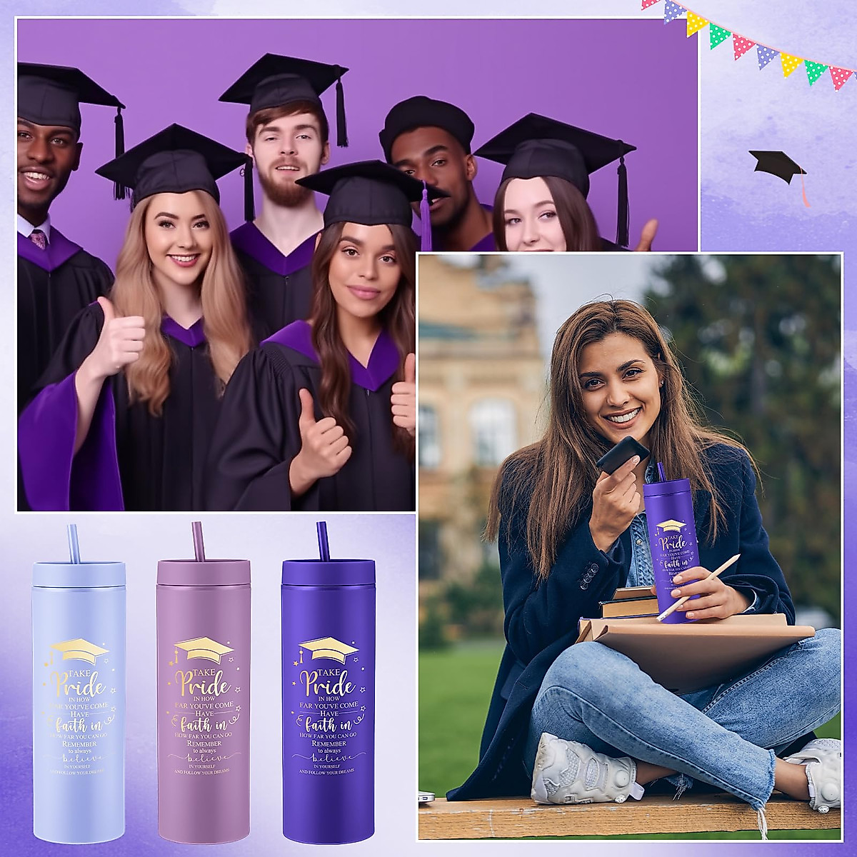 Blushtier 6 Pcs Class of 2025 Graduation Gifts Bulk 16oz Matte Graduation Cups 2025 Inspirational Tumbler with Lid and Straw Plastic Drinking Tumbler for Teen High School Grad Party Favors (Purple)