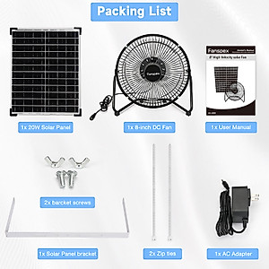 Fanspex 8" Solar Fan, 20W Solar Panel Powered Fan Kit for Outdoor Cooling 7/24 Use, High Velocity Portable Floor Fan for Outside Chicken Coop, Small Greenhouse, Dog House, 2-Speeds, 40dB Low Noise